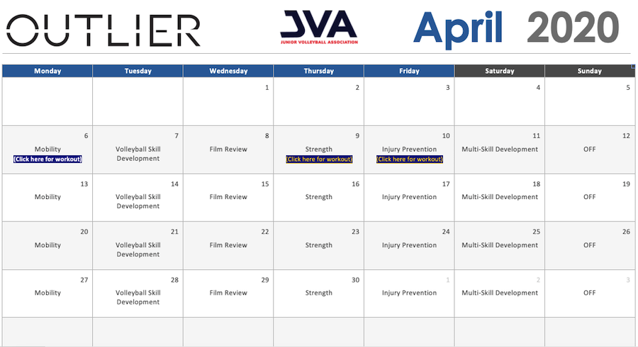 Sample At Home Training Calendar April 2020 | Junior Volleyball Association